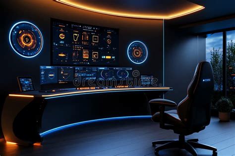 Futuristic Workstation With Multiple Screens And Led Lighting Creating