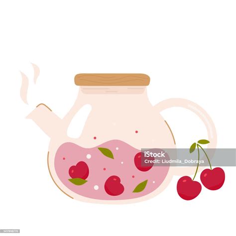 흰색 배경에 체리가있는 유리 주전자의 벡터 일러스트 레이 션 건강한 생활방식에 대한 스톡 벡터 아트 및 기타 이미지 건강한 생활방식 건강한 식생활 공예 제품 Istock