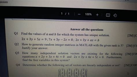 Answer All The Questions Q Find The Values Of A And B For Which The Syst