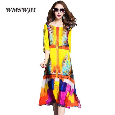 우아한 실크 드레스 2019 새로운 여름 빈티지 A 라인 캐주얼 인쇄 드레스 느슨한 O 넥 하프 슬리브 패션 숙녀 드레스 Vestidos드레스 Aliexpress