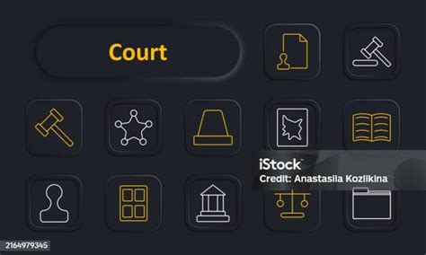 법원 세트 아이콘입니다 망치 배지 사이렌 문서 스탬프 법률 책 보안관 별 사람 실루엣 법원 저울 폴더 법률 시스템 정의 법원 절차 법 집행 사법부 경찰 배지에 대한 스톡