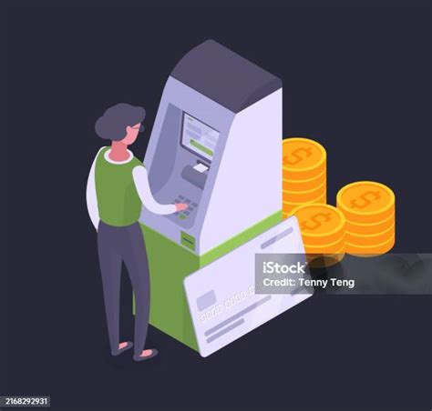 현금 자동 입출금을 사용하는 아이소 메트릭 여자 은행 터미널 인터넷 결제 또는 현금 인출 3d 벡터 일러스트 레이 션 은행 결제 또는 환전 장면 3차원 형태에 대한 스톡