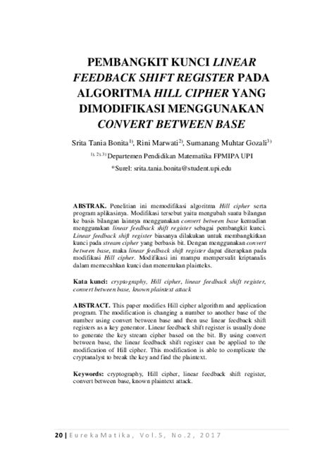 Pdf Pembangkit Kunci Linear Feedback Shift Register Pada Algoritma Hill Cipher Yang