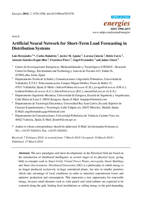 Pdf Artificial Neural Network For Short Term Load Forecasting In