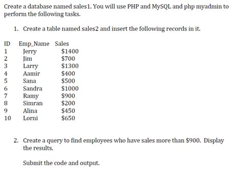 Solved Create A Database Named Sales1 You Will Use Php And