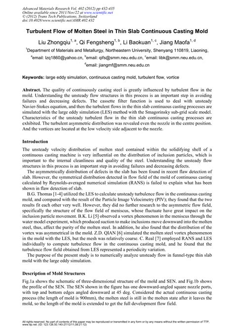 Pdf Turbulent Flow Of Molten Steel In Thin Slab Continuous Casting Mold