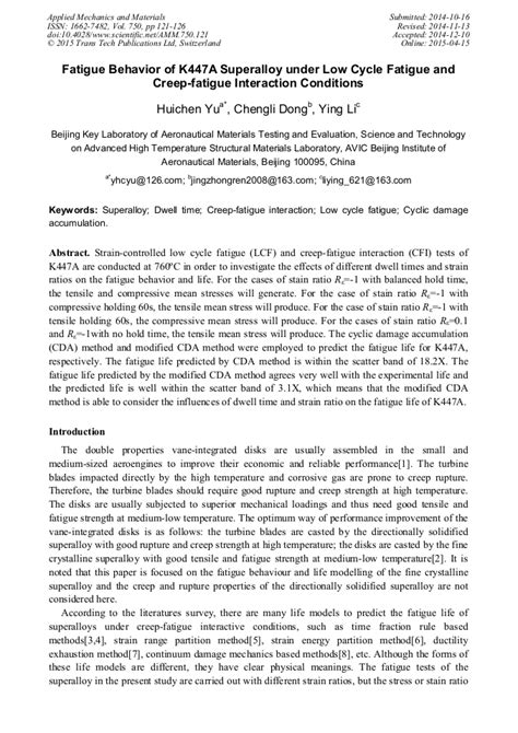 Fatigue Behavior Of K447a Superalloy Under Low Cycle Fatigue And Creep Fatigue Interaction