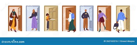 People Opening Doors Entering Exiting Home Set Men Women At