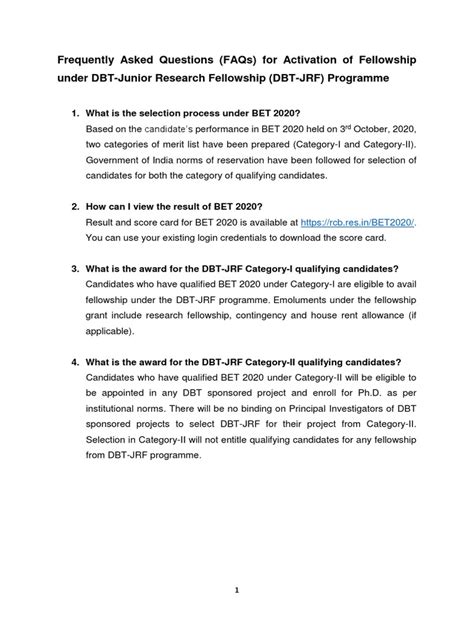 Faqs For Activation Of Dbt Jrf Fellowship Pdf Doctor Of Philosophy Government