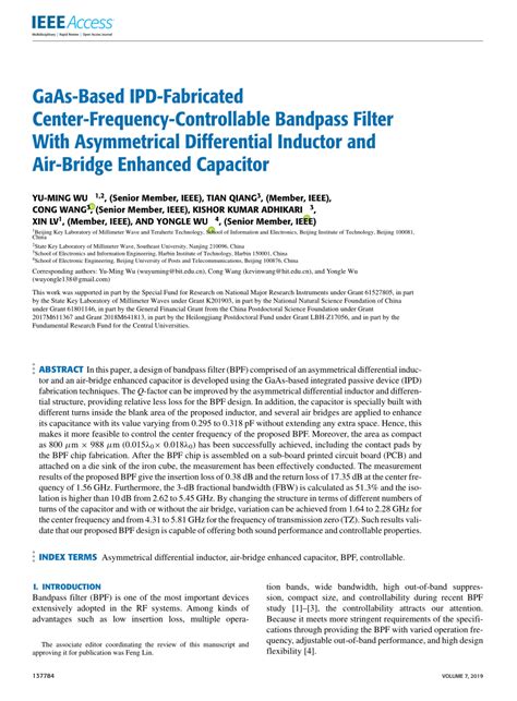 Pdf Gaas Based Ipd Fabricated Center Frequency Controllable Bandpass Filter With Asymmetrical