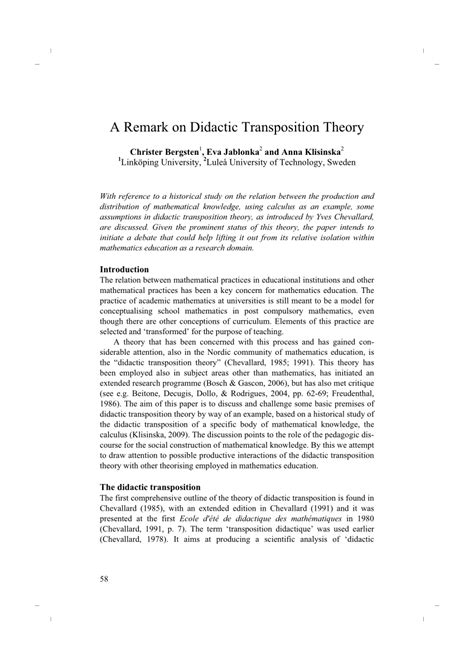 Pdf A Remark On Didactic Transposition Theory