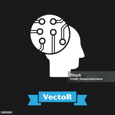 검은 배경에 고립 된 디지털 회로 기판 아이콘으로 흰색 인간의 두뇌 내부에 회로 선이있는 인간의 머리 윤곽선 벡터 일러스트레이션 개념에 대한 스톡 벡터 아트 및 기타 이미지