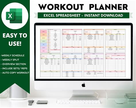 Workout Planner Spreadsheet Microsoft Excel Daily Weekly Fitness Fitness Tracker Split