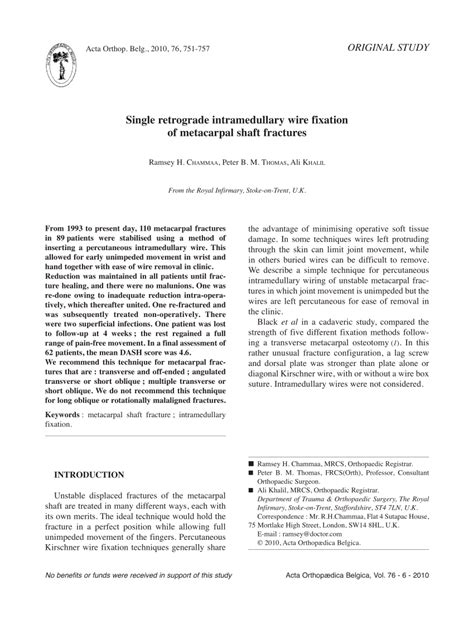 Pdf Single Retrograde Intramedullary Wire Fixation Of Metacarpal Shaft Fractures