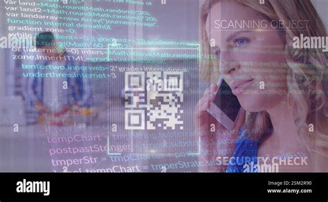 Animation Of Qr Code And Computer Language Over Caucasian Woman Talking
