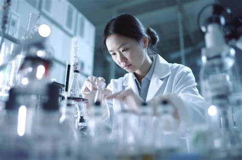 Premium AI Image Asian Girl Conducts Tests And Research In A Chemical Laboratory Glassware Ai