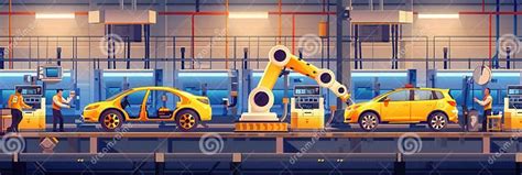 A Dynamic Illustration Of A Modern Car Assembly Line With Workers And Robots Assembling Cars