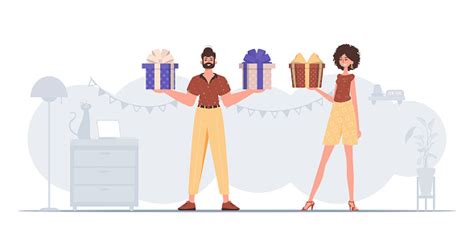 한 남자와 한 여자가 손에 선물 상자를 들고 있다 크리스마스 또는 새해를 위한 선물 개념 가상현실에 대한 스톡 벡터 아트 및 기타 이미지 Istock