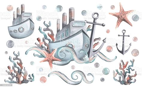 보트 파도가 있는 증기선 닻 산호 불가사리 손으로 그린 수채화 그림 흰색 배경에 요소로 격리된 컴포지션 설정 0명에 대한 스톡 벡터 아트 및 기타 이미지 Istock