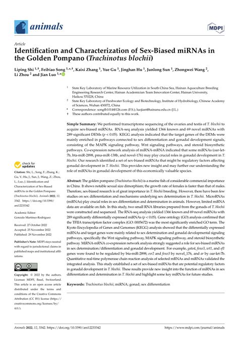 Pdf Identification And Characterization Of Sex Biased Mirnas In The Golden Pompano