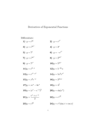 Derivatives Of Exponential Functions Worksheet With Solutions Teaching Resources