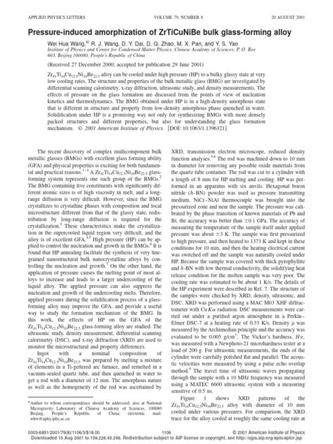 Pressure Induced Amorphization Of Zrticunibe Bulk Glass Forming Alloy Pdf Glasses