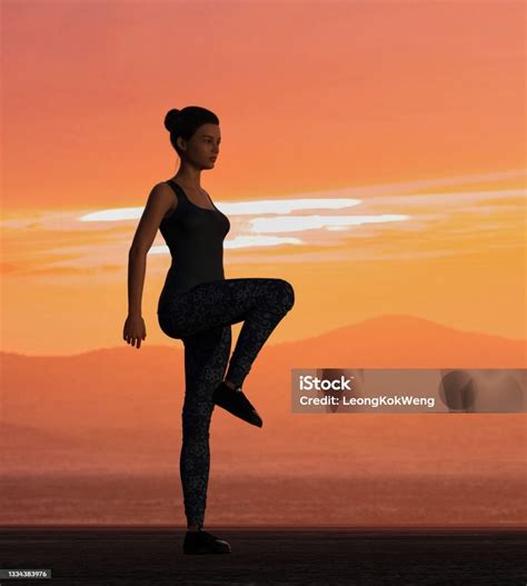 산가에서 일몰에 스트레칭 여자 사람은 진짜가 아닙니다 그녀는 3d 렌더링이므로 모델 릴리스가 필요하지 않습니다 3차원 형태에 대한 스톡 사진 및 기타 이미지 Istock