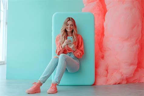 Woman In Coral And Denim Smiling With Giant Phone Prop Premium Ai Generated Image