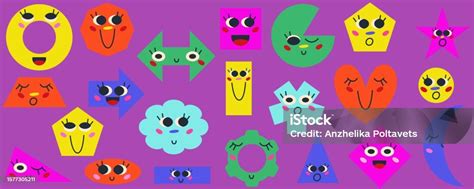 수학 교육을 위한 그림 문자 모양 세트 아이를 위한 기하학적인 귀여운 미소 캐릭터 유치원 게임을 위한 이모티콘 얼굴로 수학을 그림 벡터 만화 일러스트레이션 디자인입니다