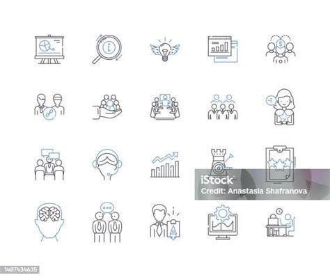 그룹 작업자 라인 아이콘 컬렉션입니다 퍼실리테이터 리더 커뮤니케이터 주최자 협력자 동기 부여자 서포터 벡터 및 선형