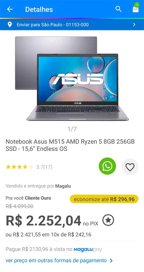 Notebook Asus M515 AMD Ryzen 5 8GB 256GB SSD - 15,6” Endless OS [APP ...