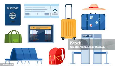 공항 터미널 디자인 요소 비행기로 여행 물체 세트 수하물 금속 탐지기 항공권 여권 안내판 라운지 좌석 항공 여행 개념입니다 관광 벡터 일러스트 레이 션입니다 게이트에 대한