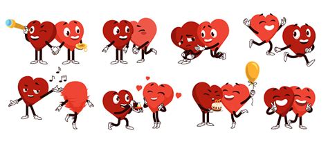 하트 커플 만화 발렌타인 캐릭터 손과 다리가있는 로맨스 기하학적 기호 친절하고 낭만적 인 감정과 재미있는 사랑 마스코트 벡터 아머 이모티콘 활동 세트 사랑에 대한 스톡 벡터