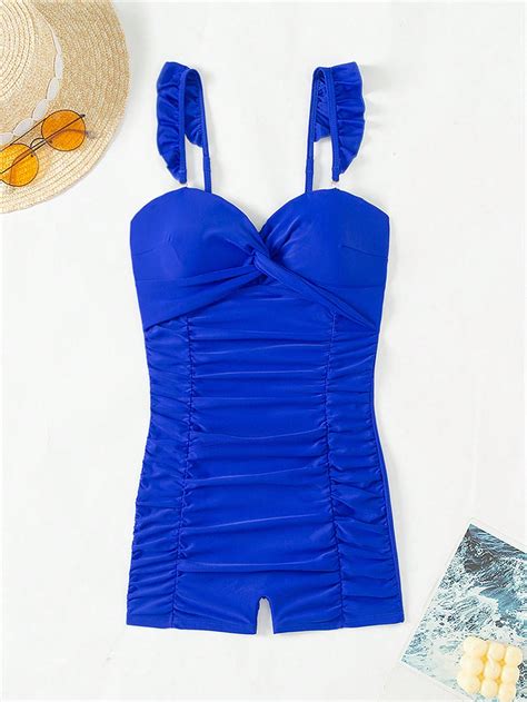 Traje De Baño De Una Pieza Azul Para Mujer Con Correa De Volantes Y Detalles Fruncidos Para El