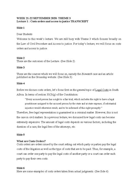 Civil Procedure Lecture 5 Transcript Week 21 22 September 2020 Theme 3 Lecture 1 Costs