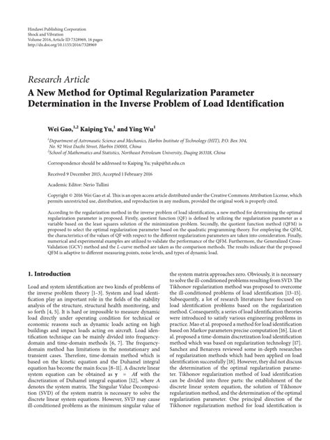 Pdf A New Method For Optimal Regularization Parameter Determination