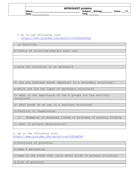 Protein Worksheet Structure Function And Amino Acids