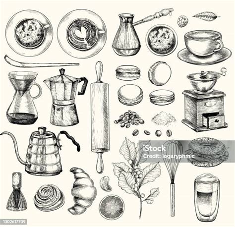 커피숍과 베이커리 세트 손으로 그린 커피 말차 크루아상 마카롱 주전자 머그잔 체이센 콩 음식 및 바리스타 장비 벡터 새겨진