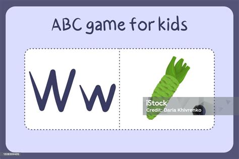 편지 W와 만화 스타일의 아이 알파벳 미니 게임 와사비 게임 디자인에 대한 벡터 그림 잘라 재생합니다 과일과 야채 플래시 카드로