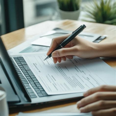 Una Persona Llenando Un Formulario De Solicitud De Crédito En Una Computadora Portátil Imagen