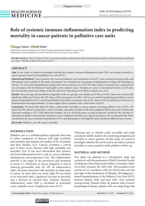 Pdf Role Of Systemic Immune Inflammation Index In Predicting Mortality In Cancer Patients In
