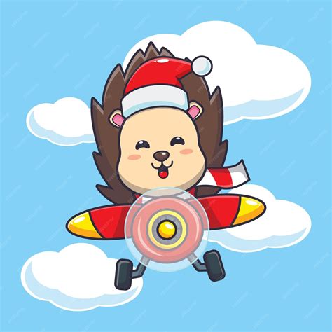 비행기로 날아가는 산타 모자를 쓴 귀여운 고슴도치 귀여운 크리스마스 만화 그림입니다 프리미엄 벡터