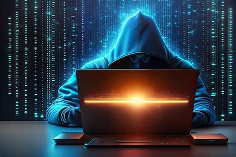 Premium AI Image Hacker Use Laptop With Binary Code Background