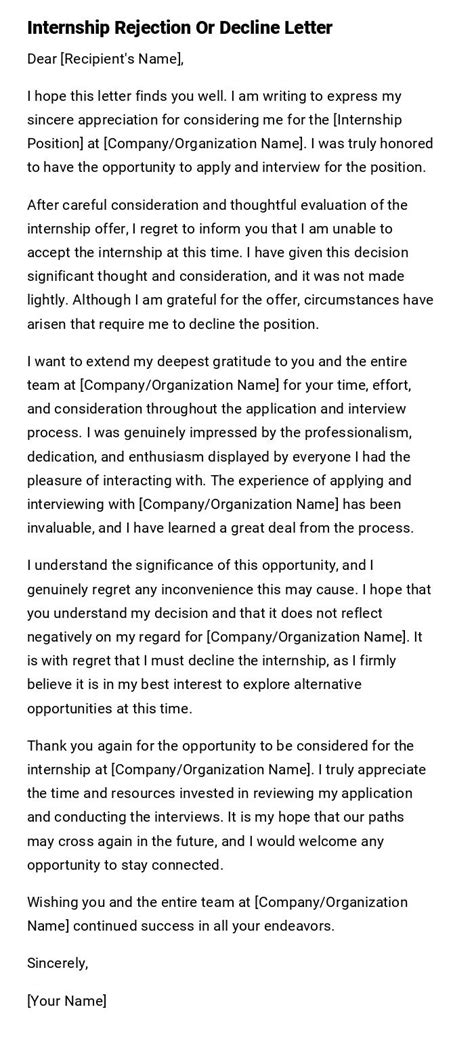 Internship Rejection Or Decline Letter