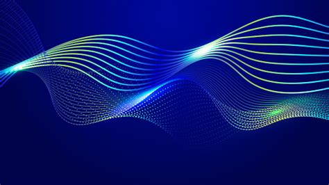 진한 파란색 추상적인 배경에 동적 파란색 입자 물결 선 추상적인 사운드 시각화 발광 입자의 파동 흐름의 디지털 구조 3차원 형태에 대한 스톡 벡터 아트 및 기타 이미지