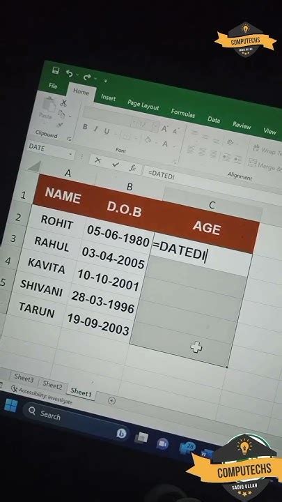 Age Calculation Through Datedif In Ms Excel Youtube