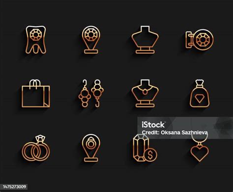 세트 라인 결혼 반지 보석 가게 다이아몬드와 치아 온라인 쇼핑 목걸이 하트 모양의 펜던트 귀걸이 가방 보석 및 마네킹 아이콘 벡터 3월에 대한 스톡 벡터 아트 및 기타