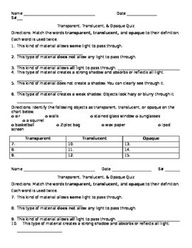 Transparent Translucent And Opaque Quiz By Kristina Bolinger TpT