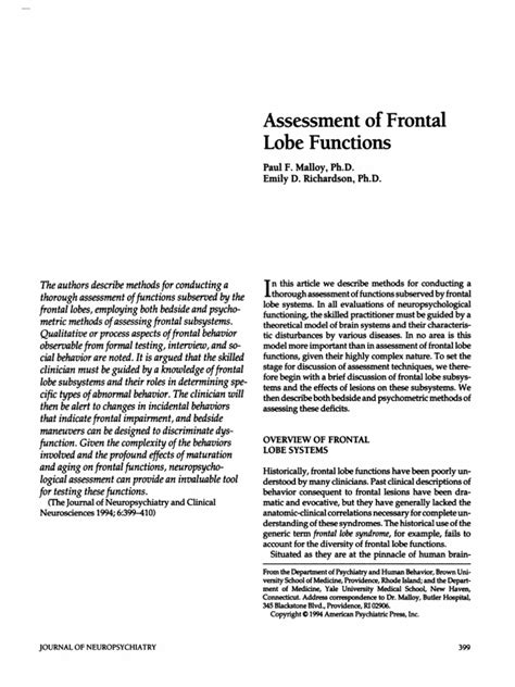 Assessment Of Frontal Lobe Functions Pdf Frontal Lobe Somatosensory System