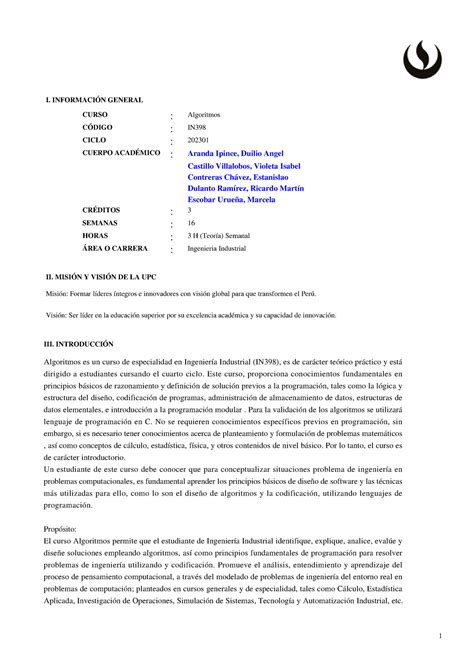 In398 Algoritmos 202301 Iii IntroducciÓn Algoritmos Es Un Curso De Especialidad En Ingeniería